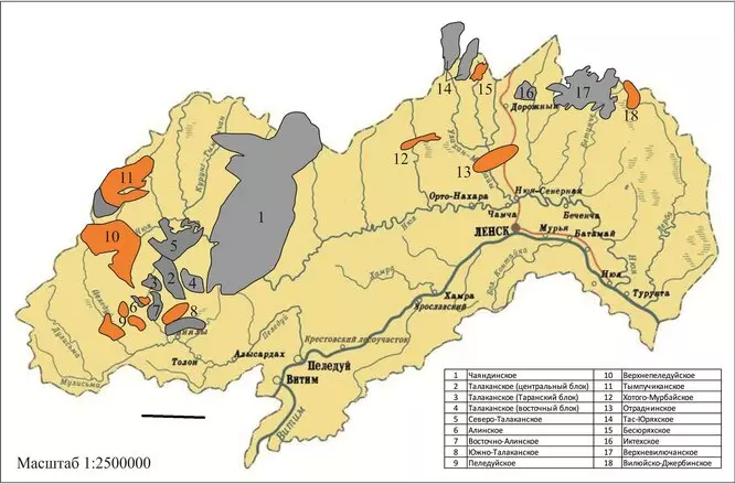 Mapa Chayandinsky i pobliskich pól