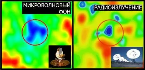 Oan de linkerkant - de temperatuerkaart fan it kâlde "gebiet ûntdekt troch de WMAP-missy. Kleuren demonstrearje ekstreem lytse ôfwikingen út 'e gemiddelde relikante temperatuer - 2,7 Kelvin. Oan de rjochterkant - de radio-emissione kaart fan itselde gebiet, boud neffens Nrao VLA-himel enkête, toant it ûntbrekken fan Galaxies