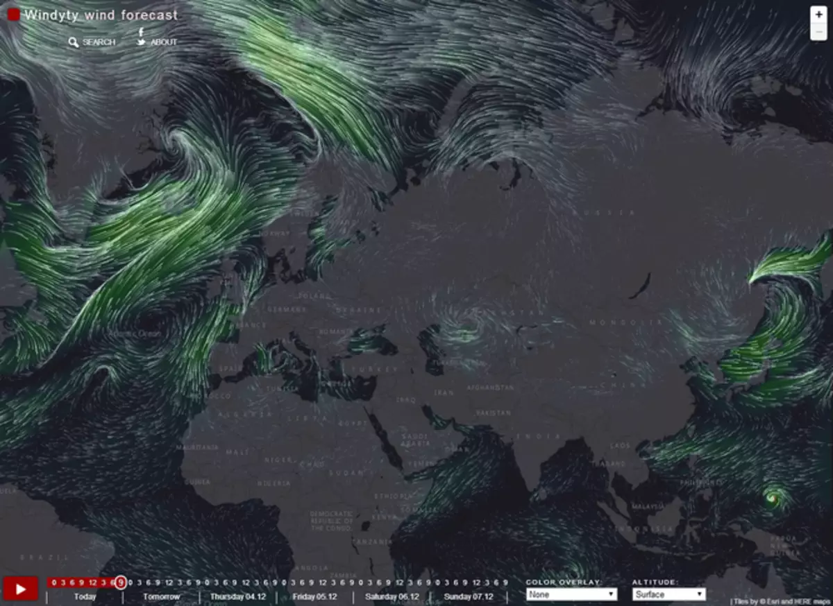 Online služba ukazuje celosvětovou mapu větru v dynamice. 335130_2