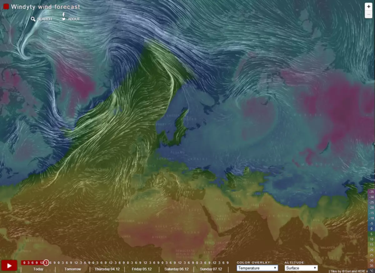 Online služba ukazuje celosvětovou mapu větru v dynamice. 335130_3