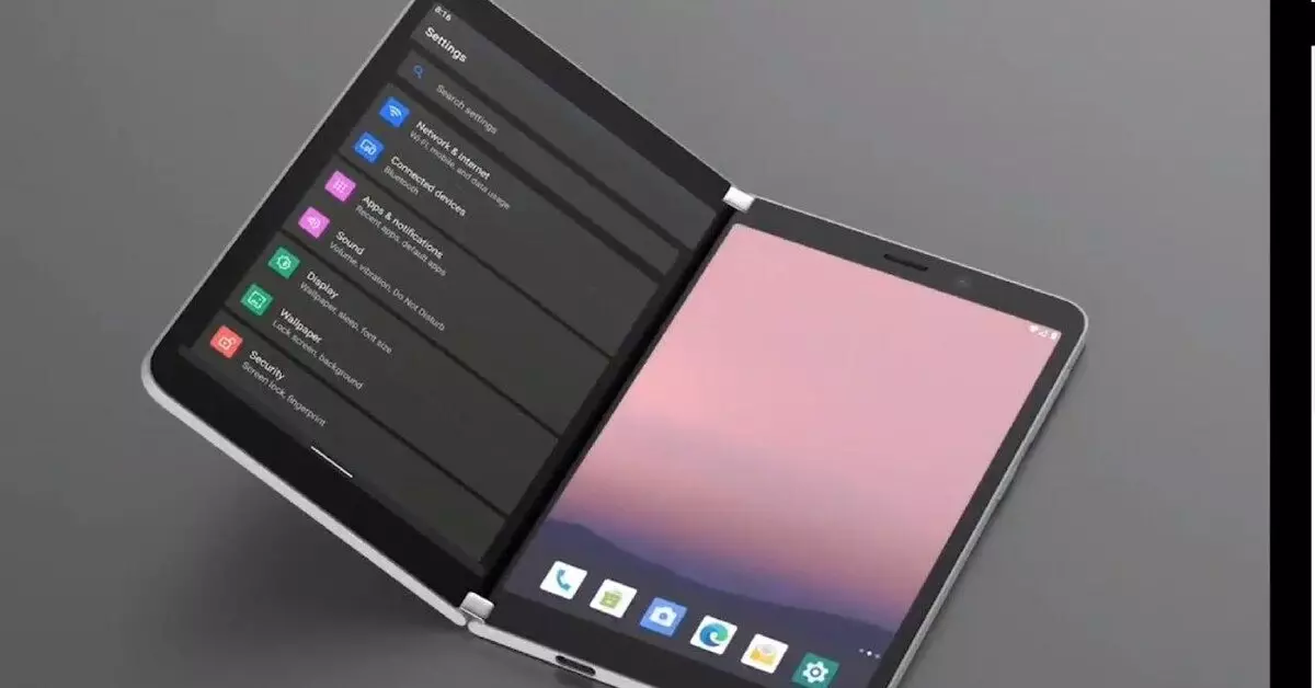 অ্যান্ড্রয়েড একটি দুই পর্দার স্মার্টফোনের মাইক্রোসফ্ট সারফেস ডুওতে মত দেখাচ্ছে